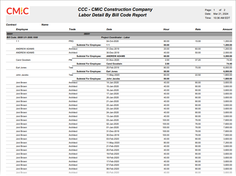 Job Billing - Labor Detail By Bill Code Report