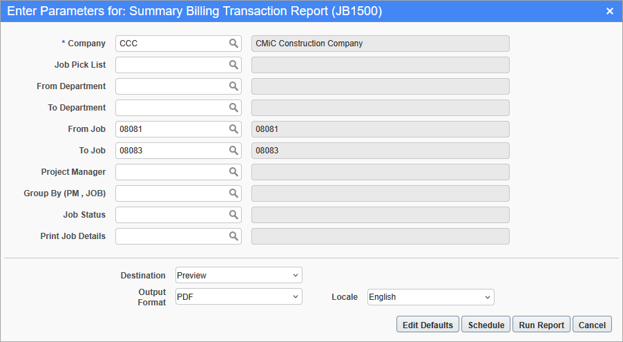 Job Billing - Summary Billing Transaction Report