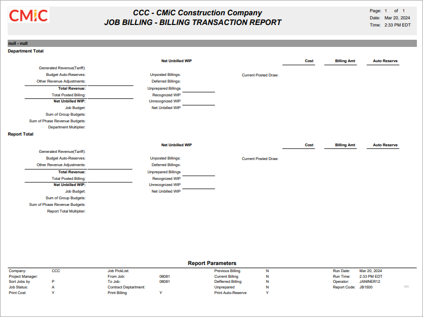 Job Billing - Summary Billing Transaction Report