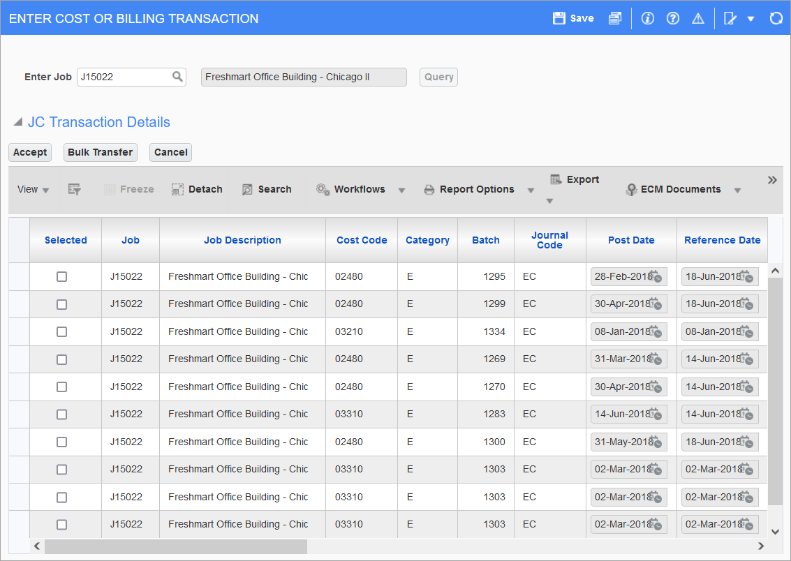 Job Costing - Entering Adjustments and Bulk Transfer