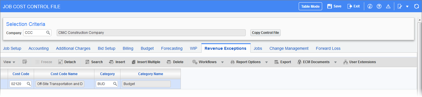Job Costing - Job Cost Control File - Revenue Exceptions - Tab