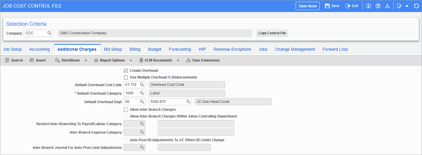 Job Costing - Job Cost Control File - Additional Charges - Tab