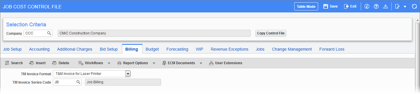 Job Costing - Job Cost Control File - Billing - Tab