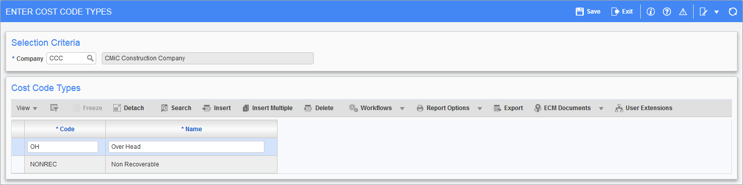 Job Costing - Enter Cost Code Types