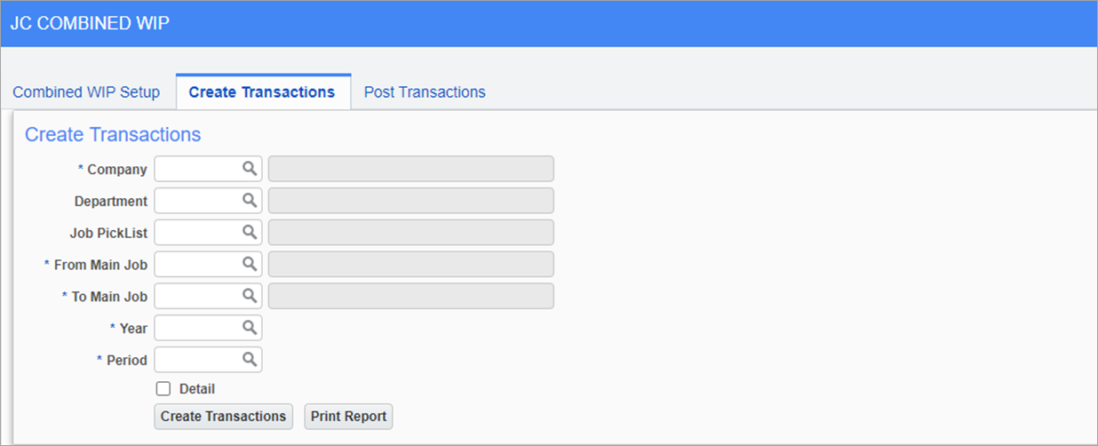 Job Costing - Combined WIP - Create Transactions - Tab