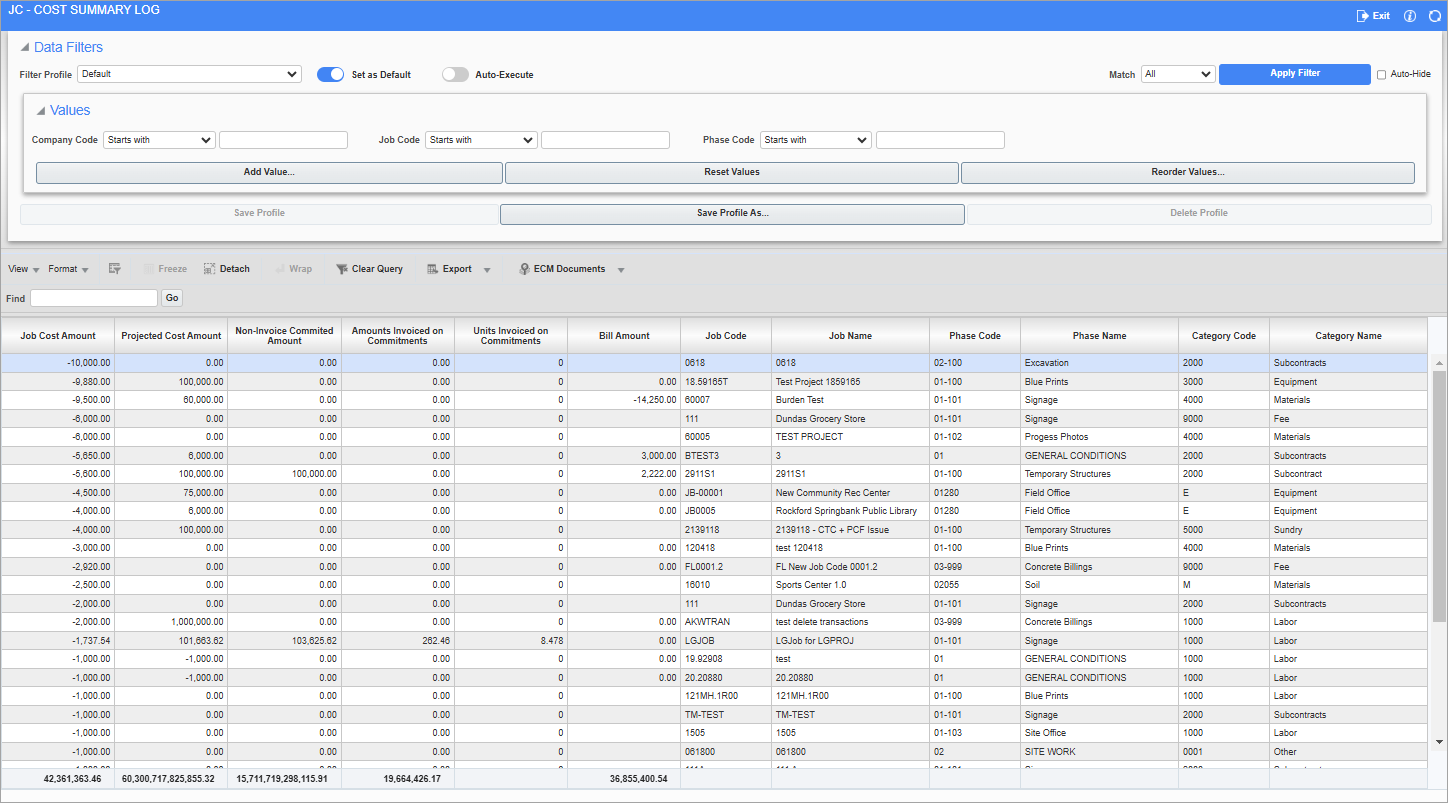 Job Costing - Cost Summary Log