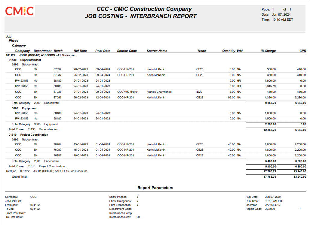 Job Costing - Inter-Branch Report