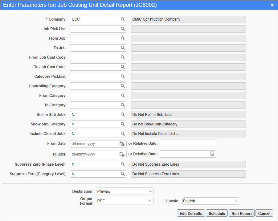 Job Costing - Job Costing Unit Detail Report