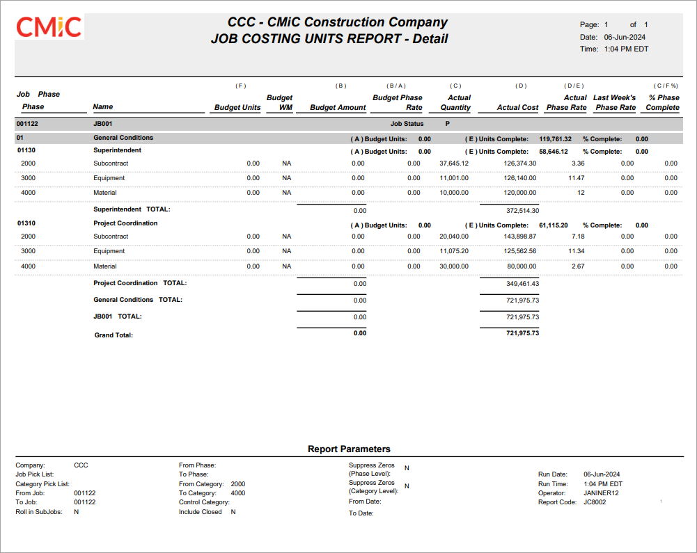 Job Costing - Job Costing Unit Detail Report