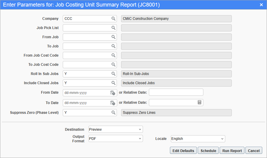 Job Costing - Job Costing Unit Summary Report
