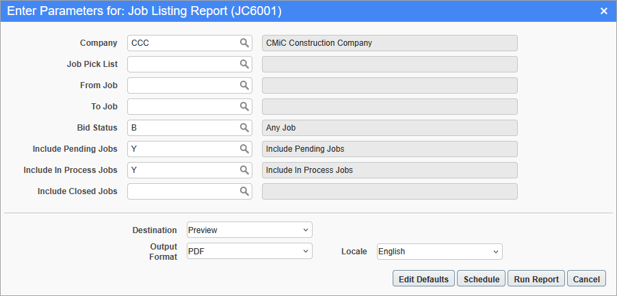Job Costing - Job Listing Report