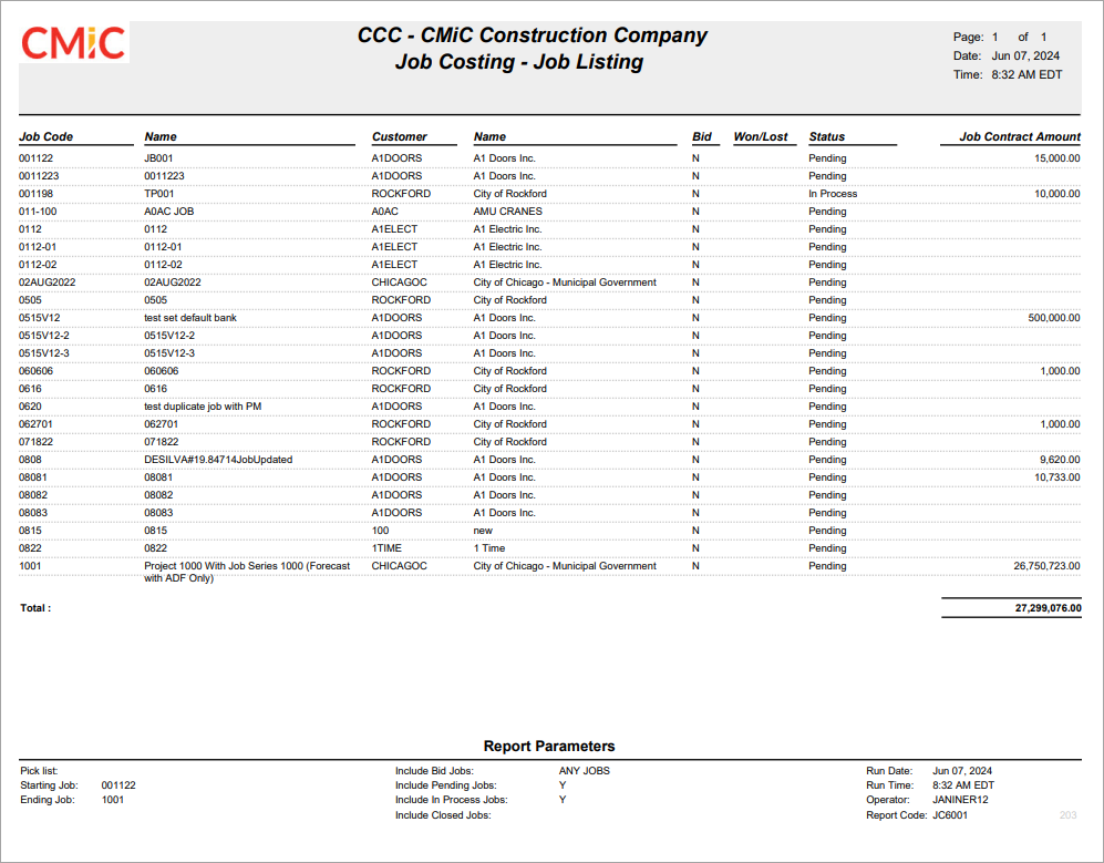 Job Costing - Job Listing Report