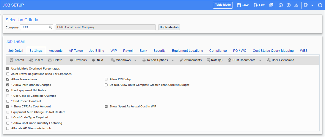 Job Costing - Job Setup - Settings - Tab