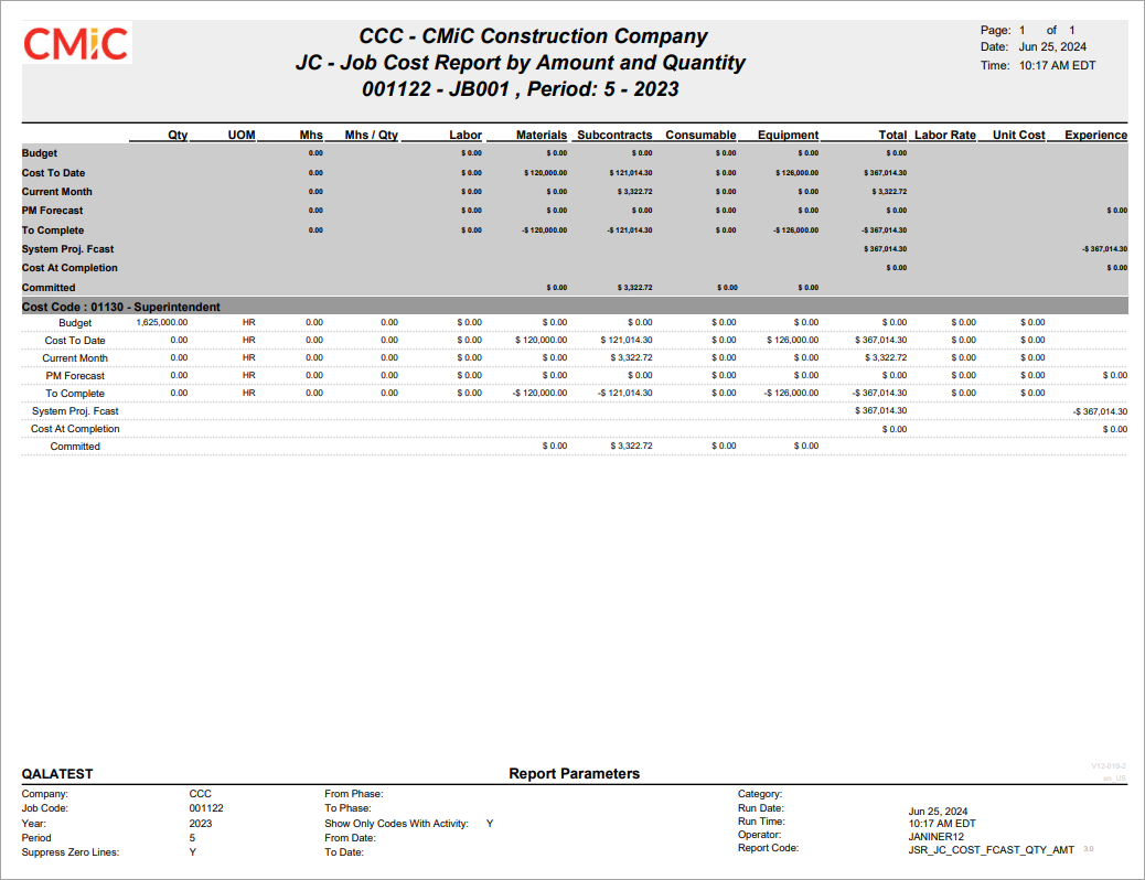 Job Costing - Monthly Detailed Job Cost Report