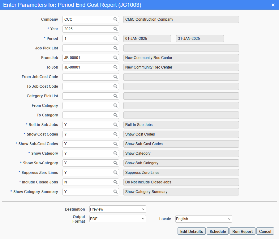 Job Costing - Period End Cost Report