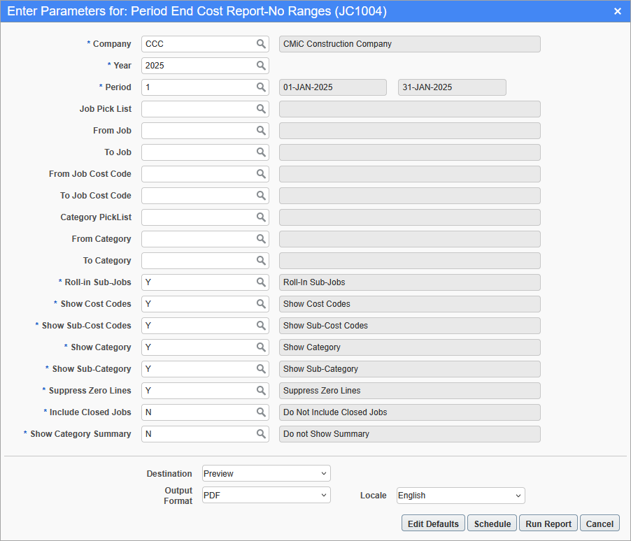 Job Costing - Period End Cost Report - No Ranges