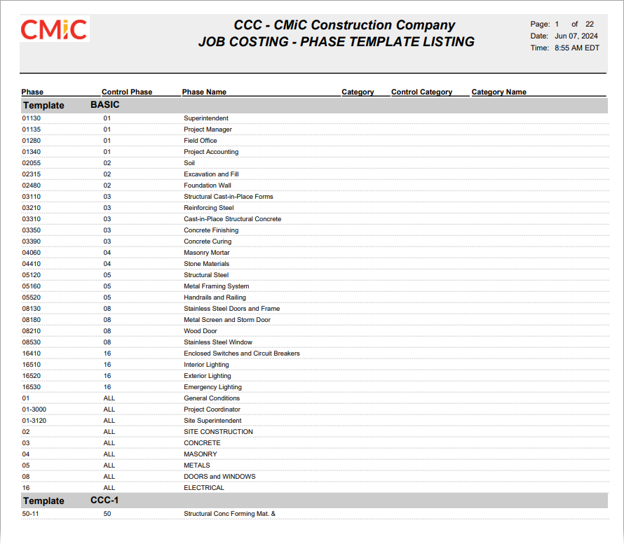 Job Costing - Phase Template Listing