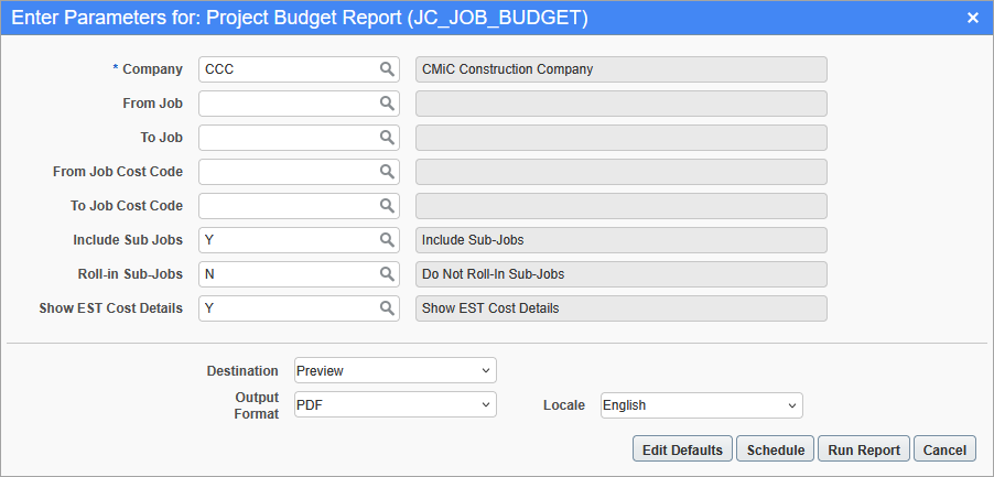 Job Costing - Project Budget Report