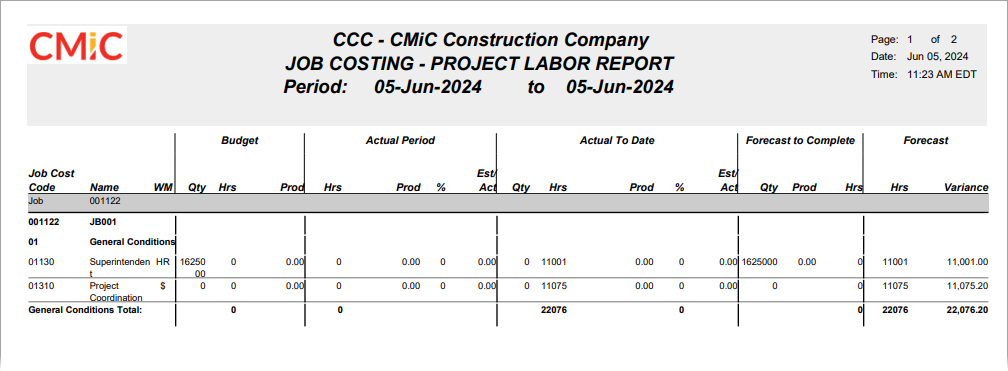 Job Costing - Project Labor Report