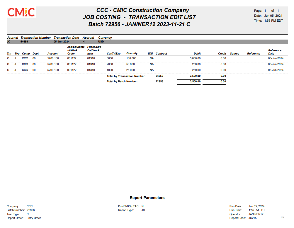 Job Costing - Transaction Edit List