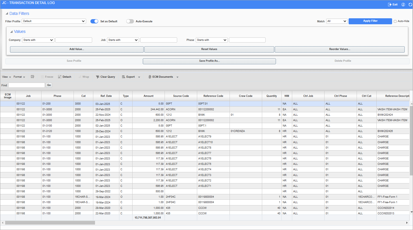 Job Costing - Transaction Detail Log