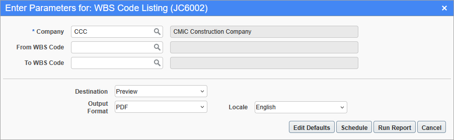 Job Costing - WBS Code Listing
