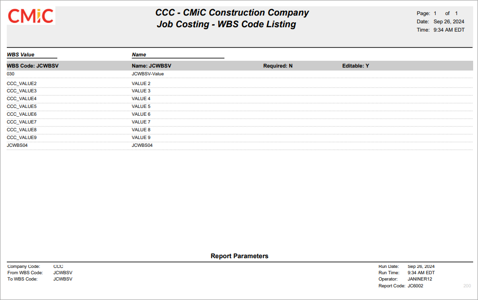 Job Costing - WBS Code Listing