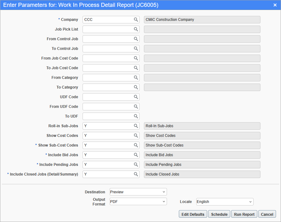 Job Costing - Work In Process Detail Report