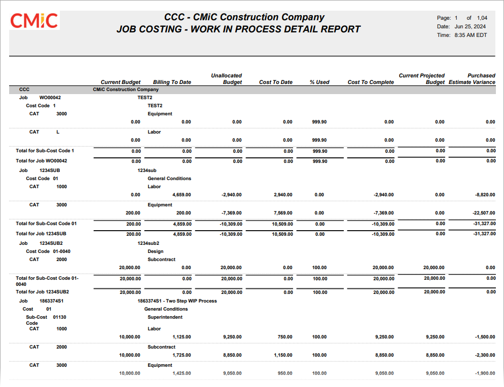 Job Costing - Work In Process Detail Report