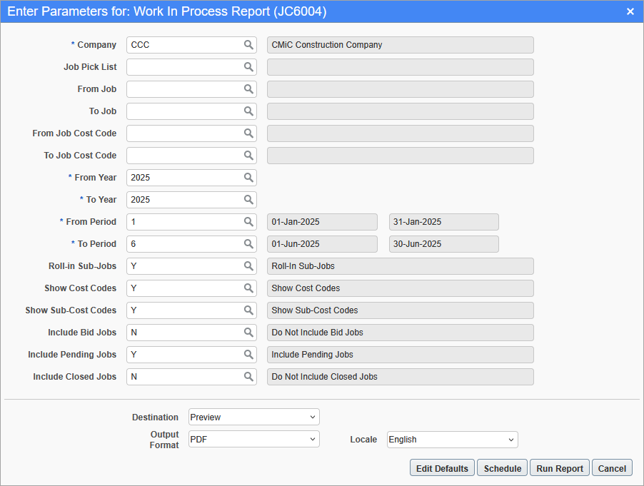 Job Costing - Work In Process Report