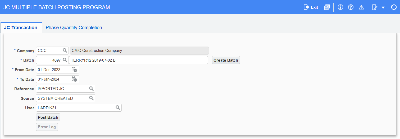Job Costing - Multiple Batch Posting Utility