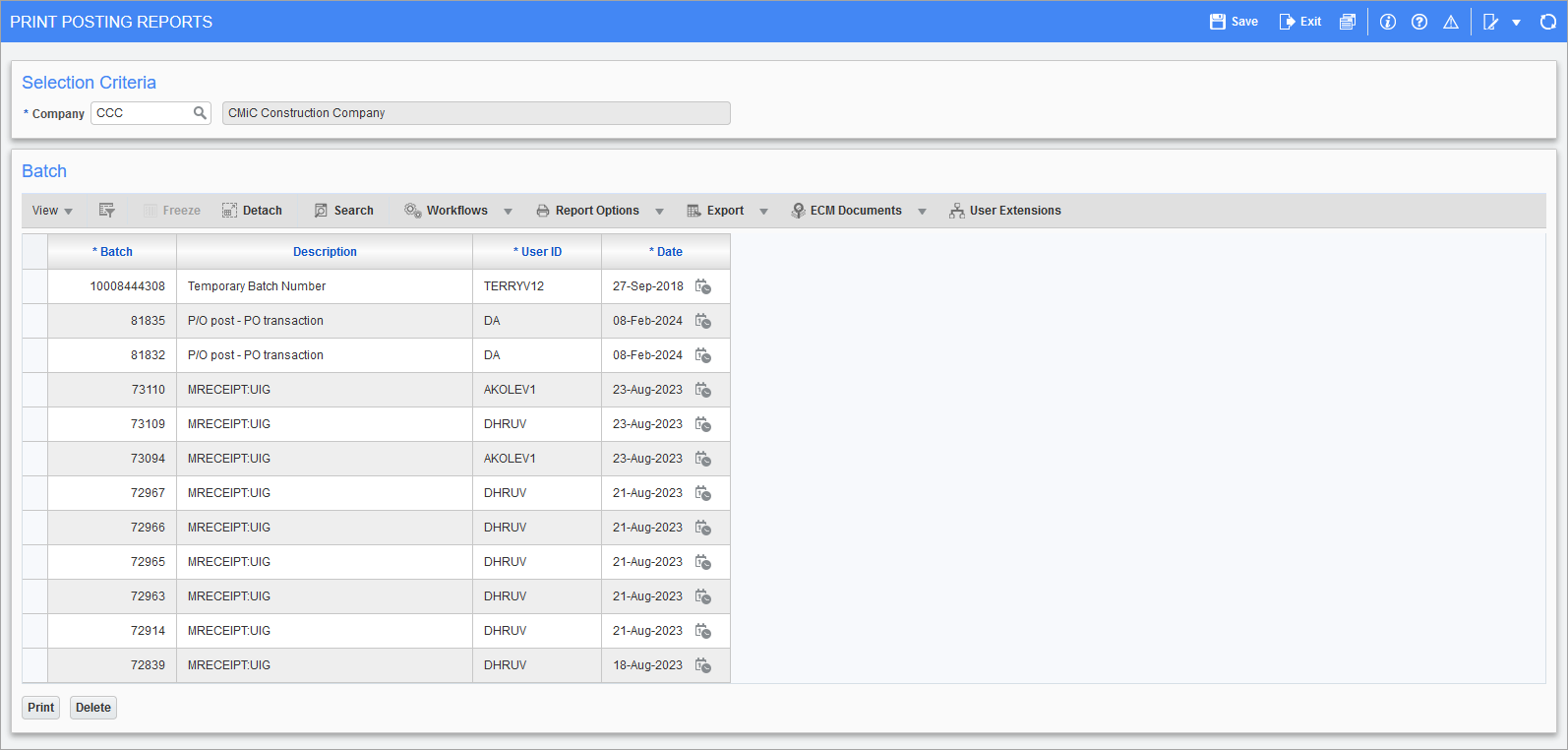 Job Costing - Print Posting Reports