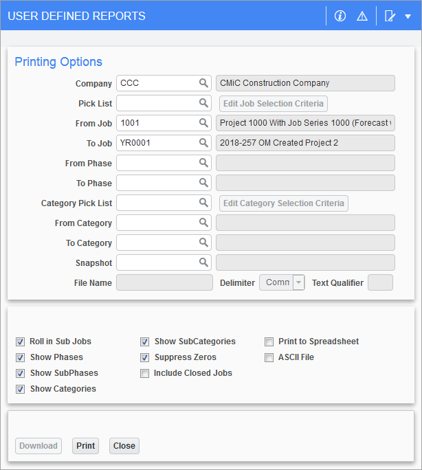 User Defined Reports Screen
