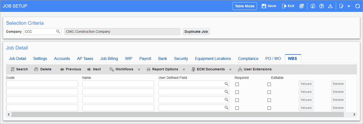 Job Costing - Job Setup - WBS - Tab