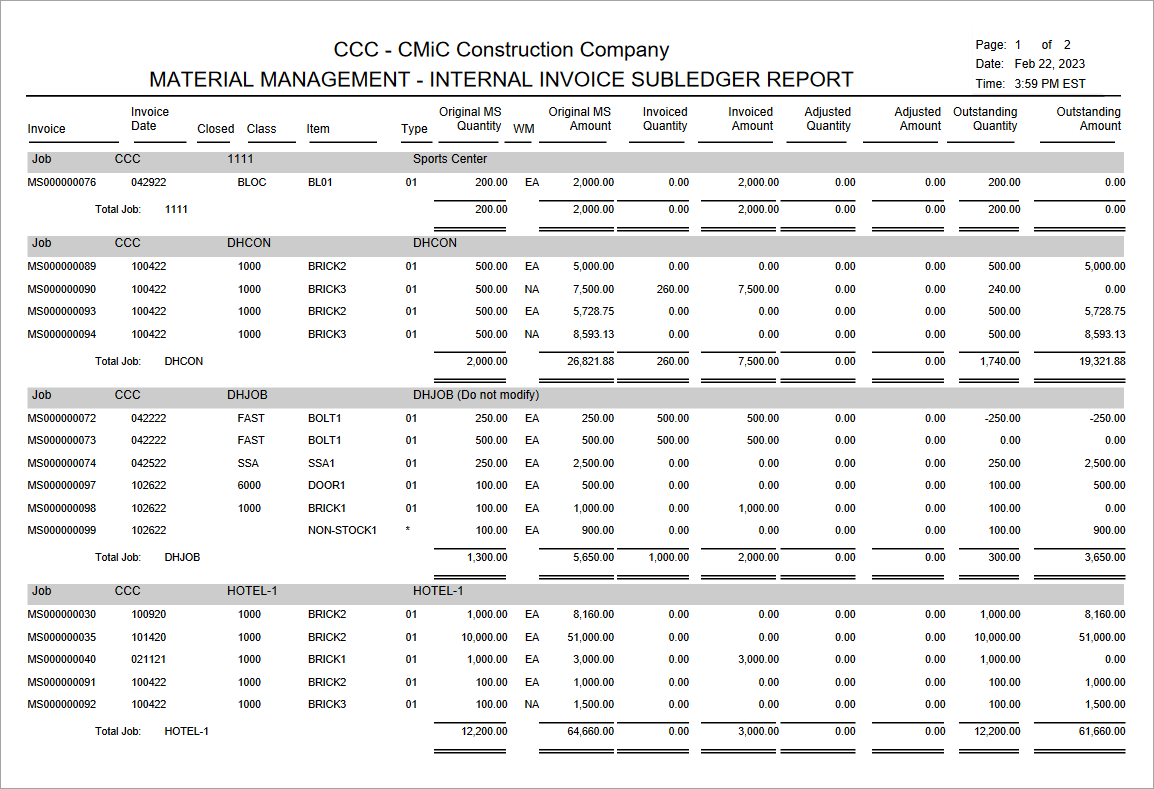 Material Sales - Internal Invoice Subledger Report