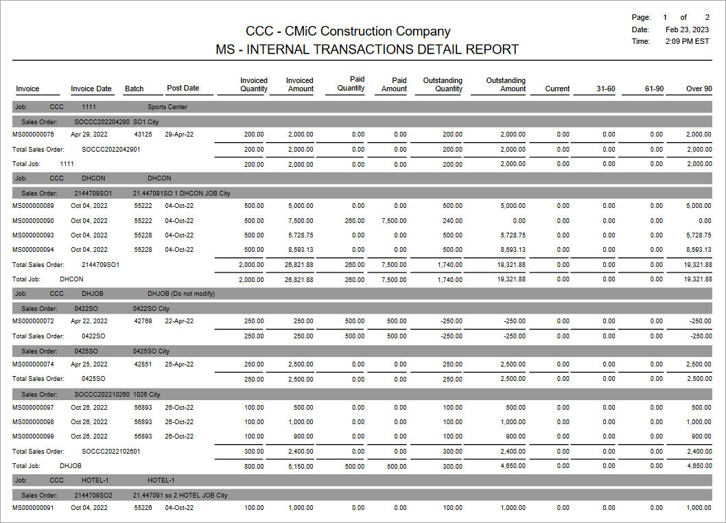 Material Sales - Internal Transactions Detail Report