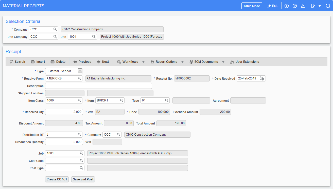 Material Sales - Receipt Entry