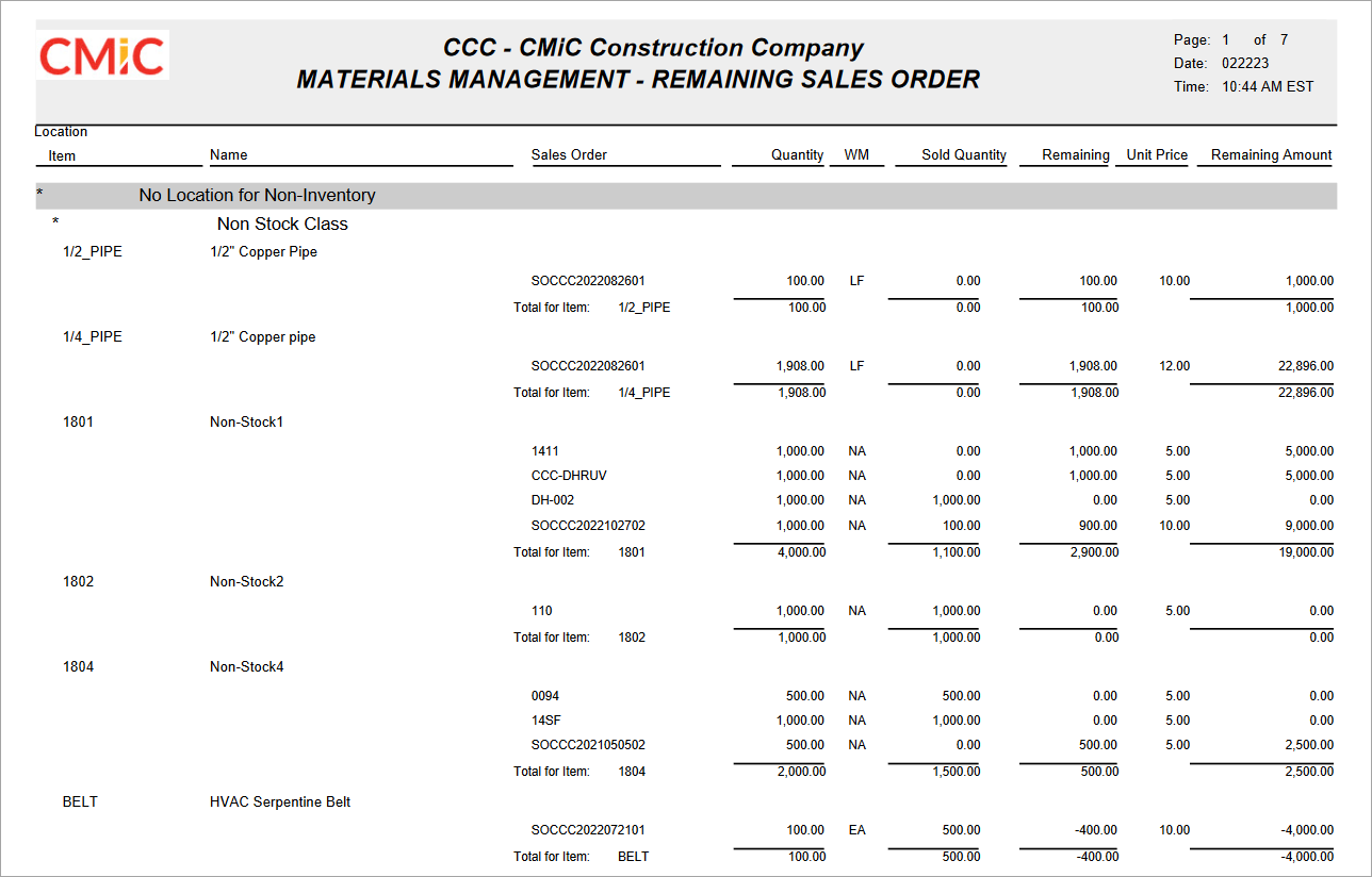 Material Sales - Remaining Sales Order By Location