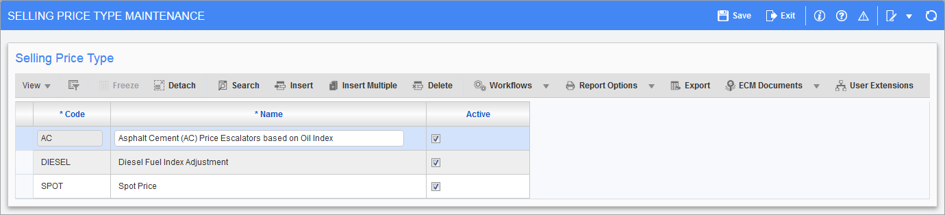 Selling Price Type Maintenance