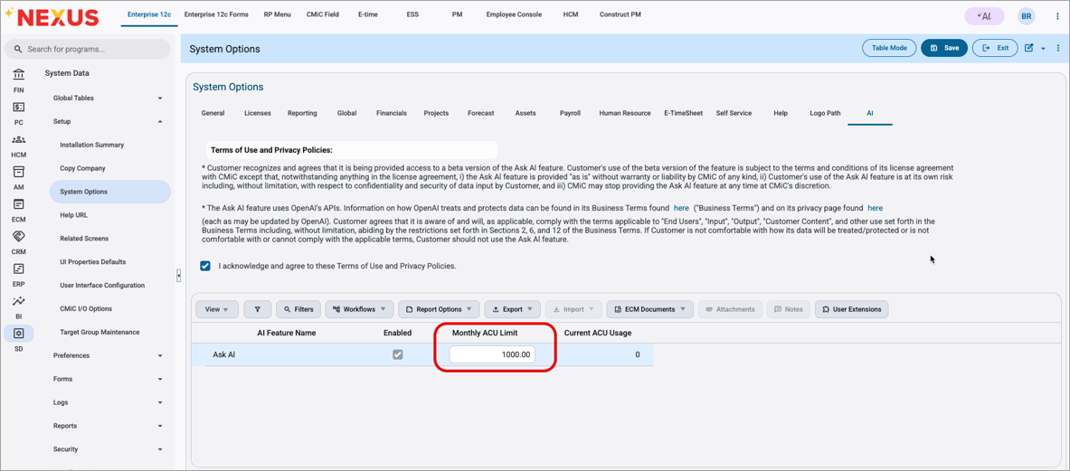Nexus 01 Highlight - ACU Usage Plan and Tracking