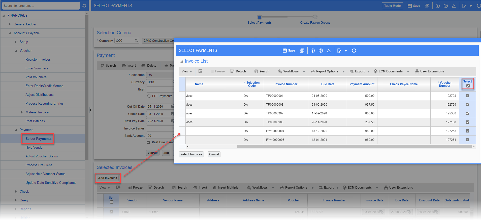 Added Select All Option in Invoice Selection Screen