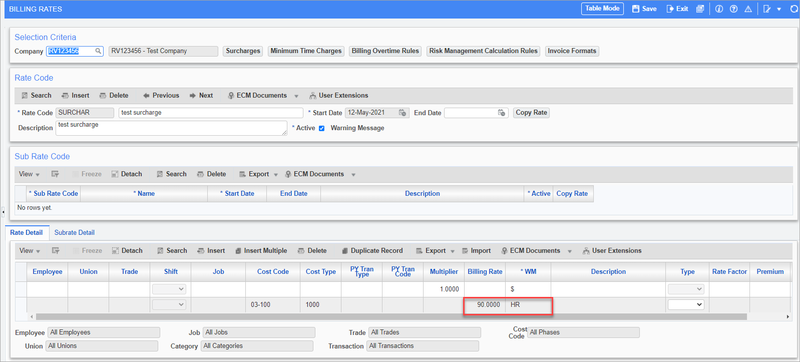 Modified Surcharges Screen to Include Job and Hour Type Fields