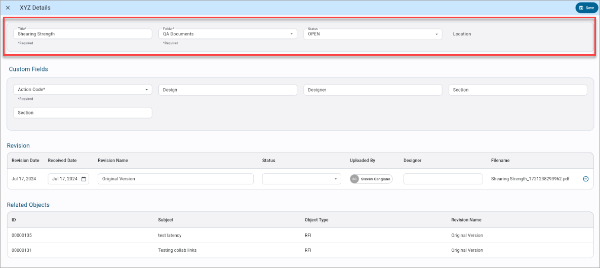 Construct PM - Documents and Drawings: Editing Metadata Details