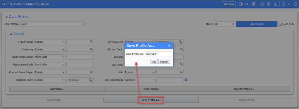 Opportunity Management - Adding a Sub Opportunity Filter