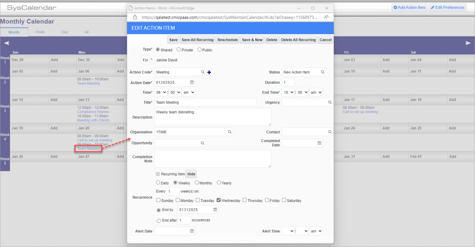 Opportunity Management - Add Action Item from Calendar