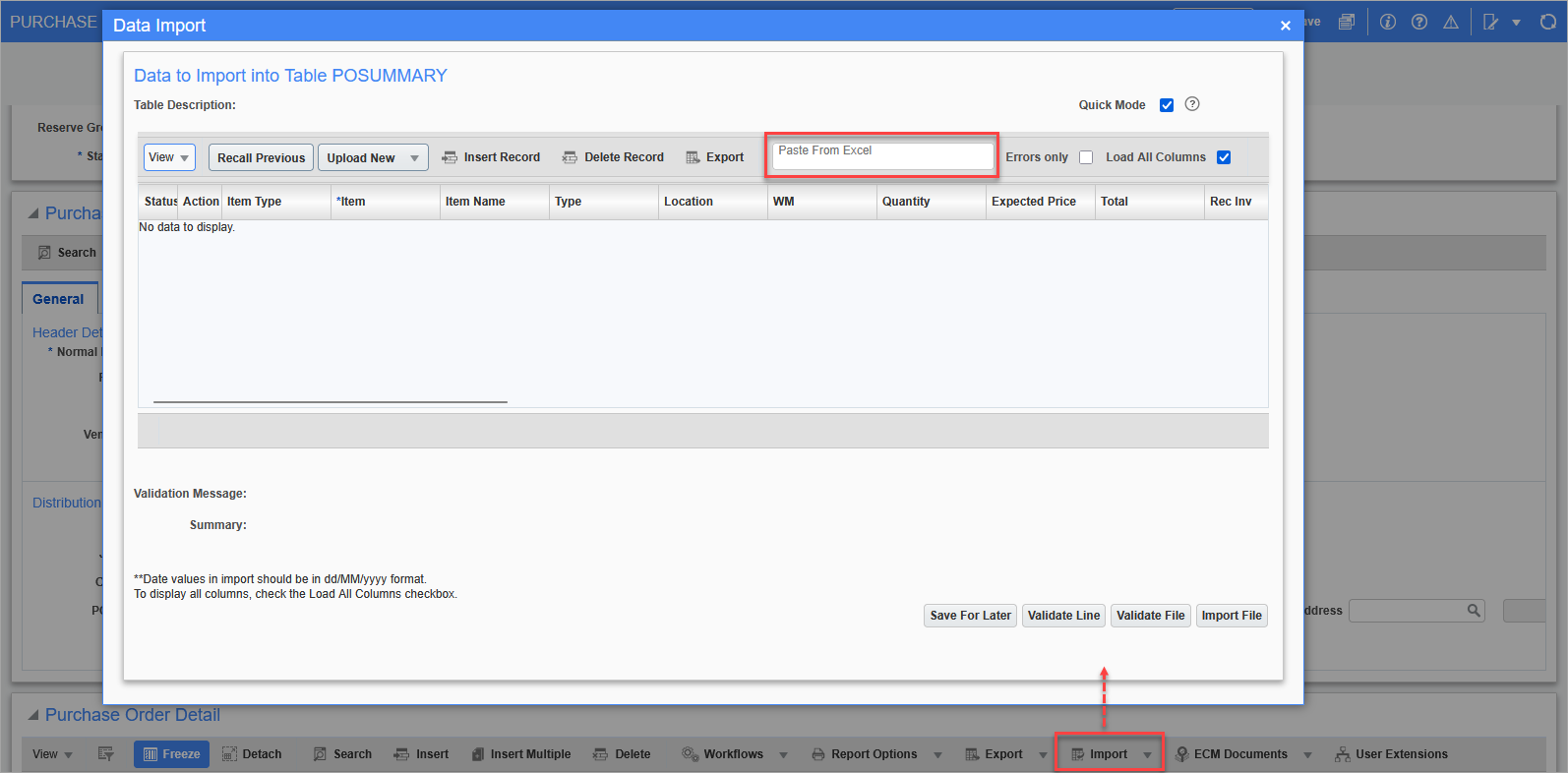 Purchase Order - PO Detail Import