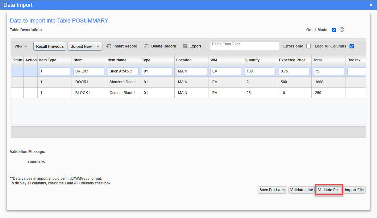 Purchase Order - PO Detail Import