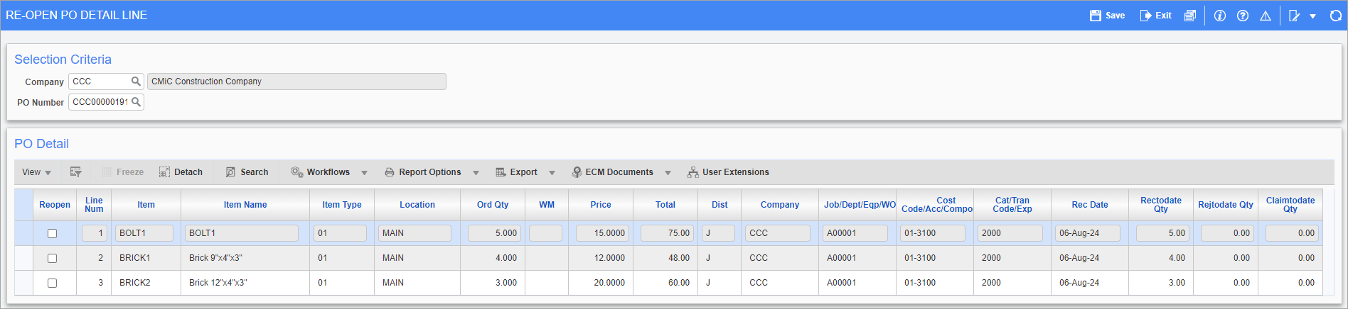 Purchase Order - Re-Open PO Detail Line