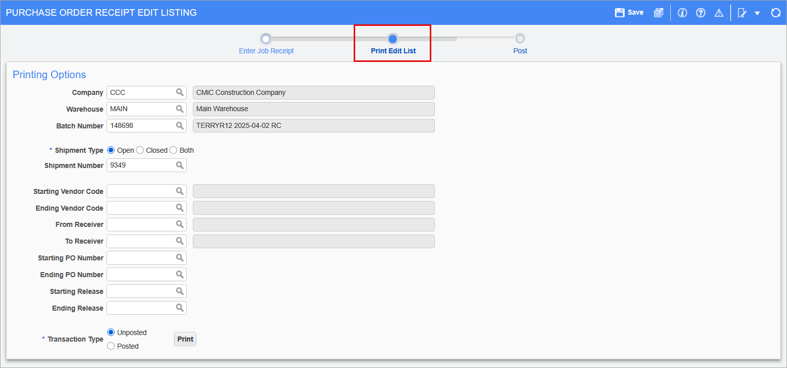 Purchase Order - Printing the Receipt Edit Listing