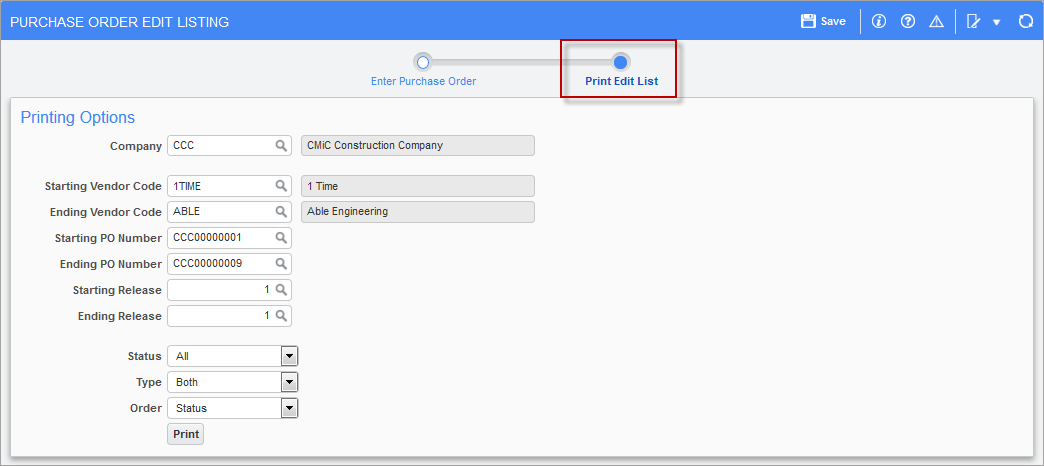 Purchase Order - Printing the Edit List for POs